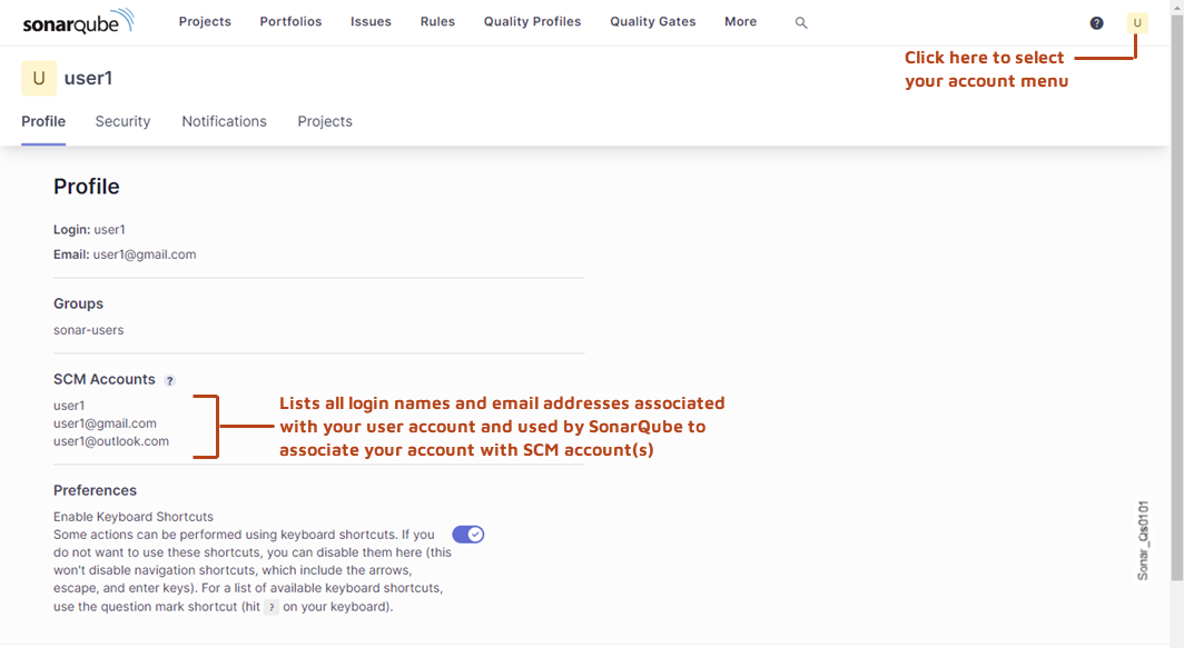 Viewing your user profile & SonarQube