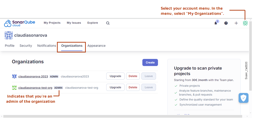 Retrieving and viewing your organizations | SonarQube Cloud Documentation