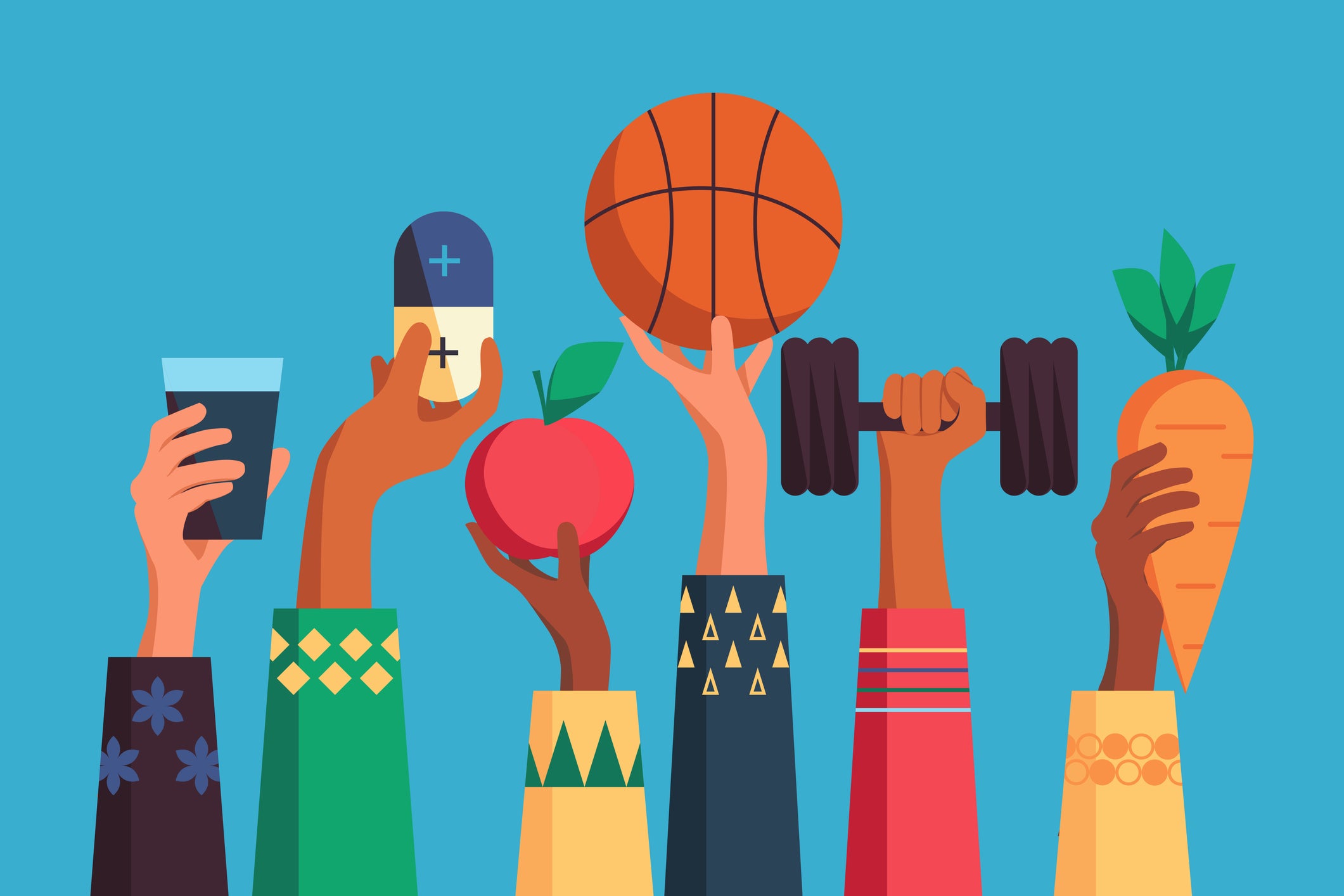 Illustration of hands holding healthy food, medicine and sports items ...