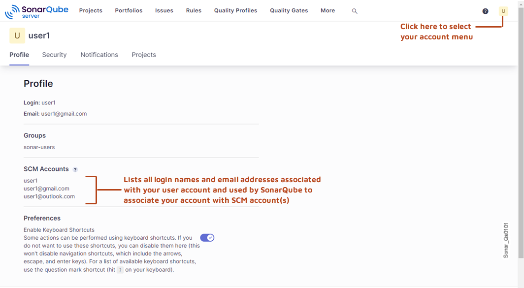 Viewing your user profile | SonarQube Community Build Documentation