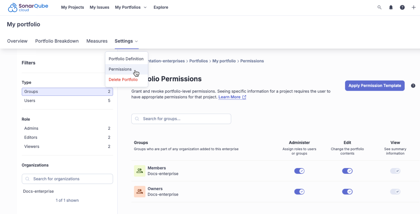 Administering portfolios | SonarQube Cloud Documentation