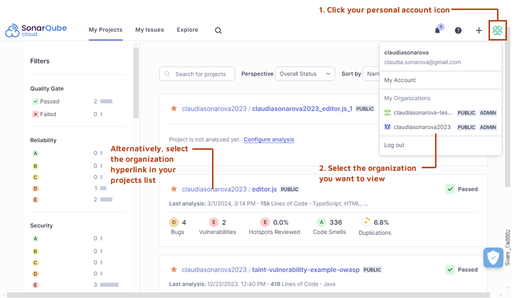Retrieving and viewing your organizations | SonarQube Cloud Documentation