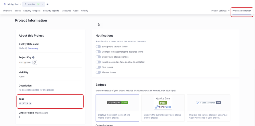 Managing project tags | SonarQube Community Build Documentation