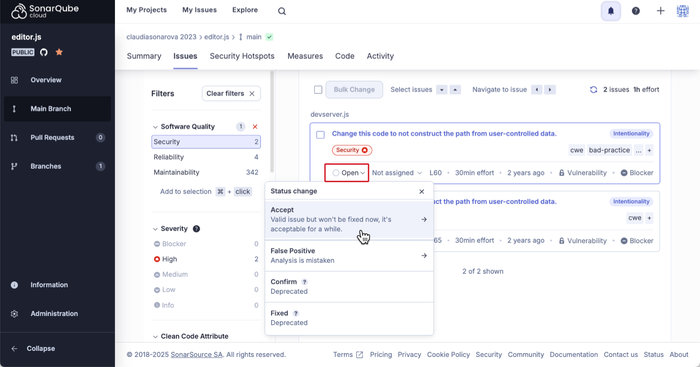 Managing your code issues | SonarQube Cloud Documentation