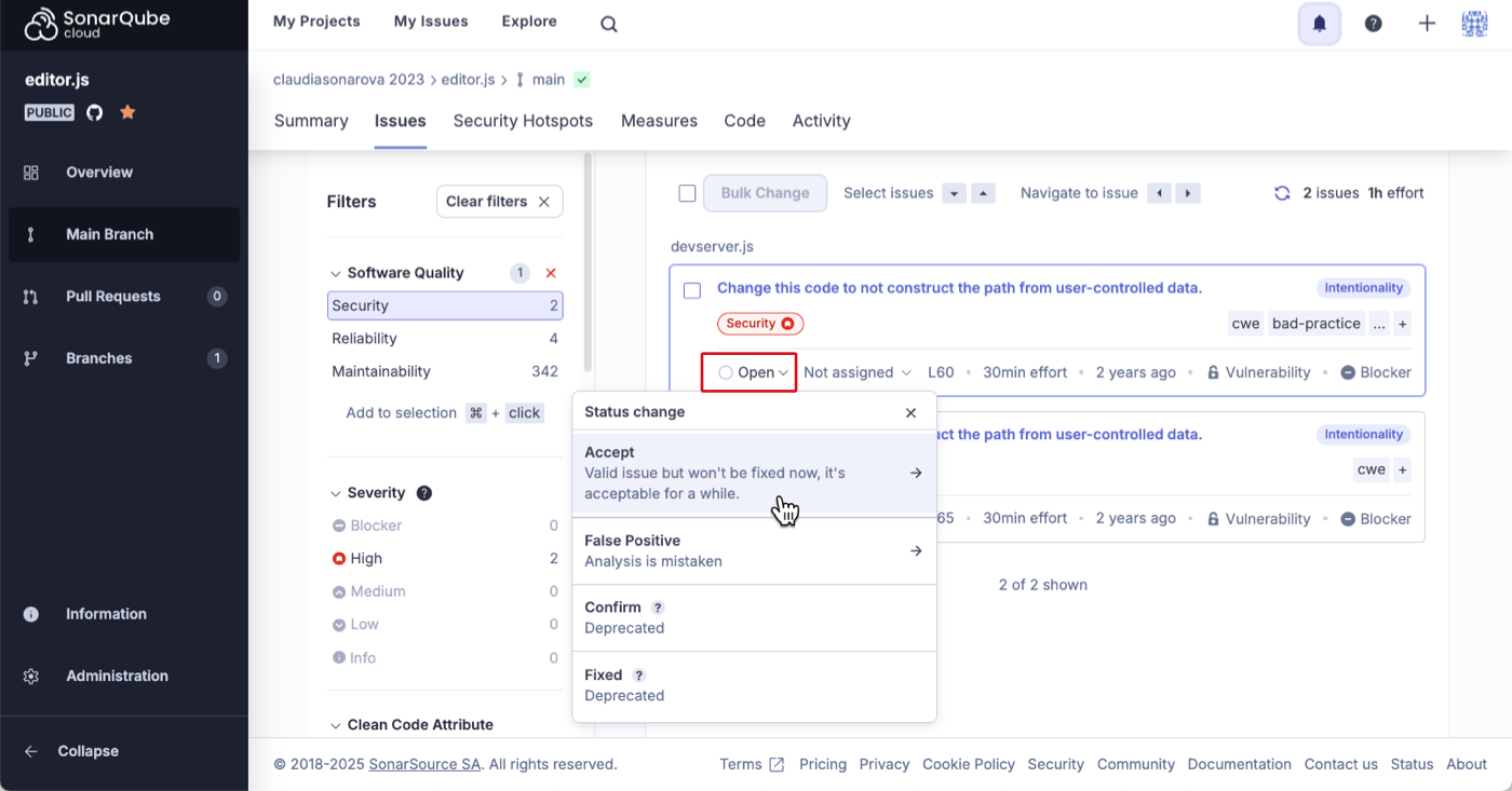 Managing your code issues | SonarQube Cloud Documentation