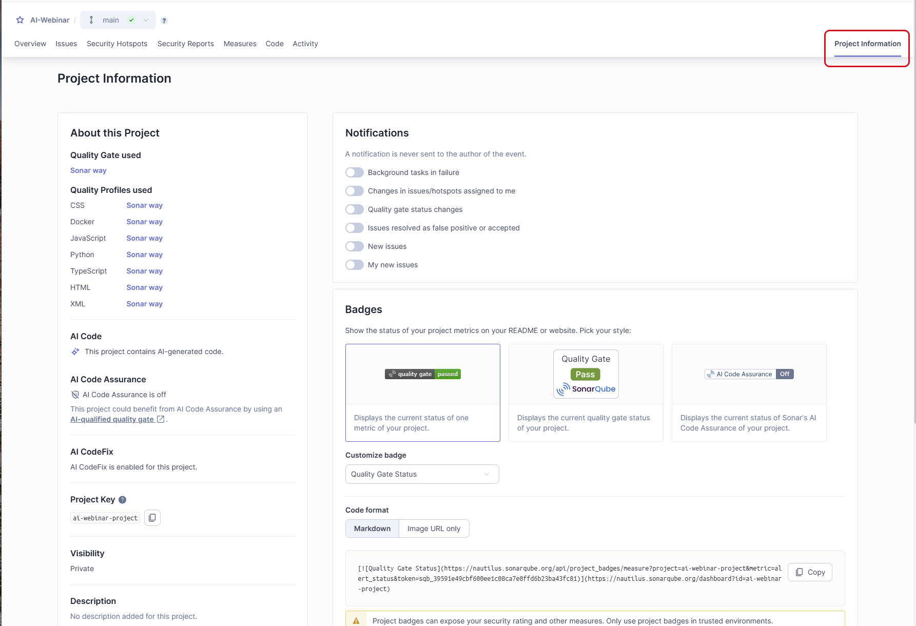 Viewing project information | SonarQube Server Documentation