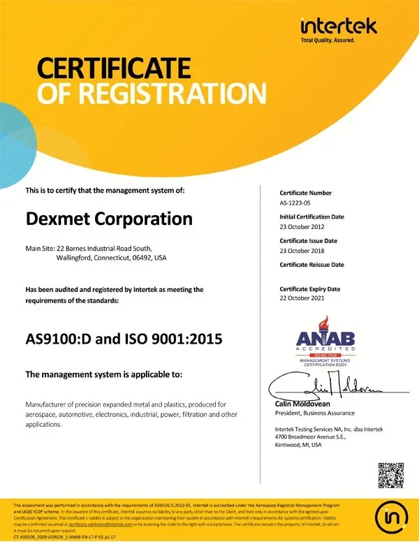 Dexmet Upgrades to AS9100D and ISO 9001:2015 Certification