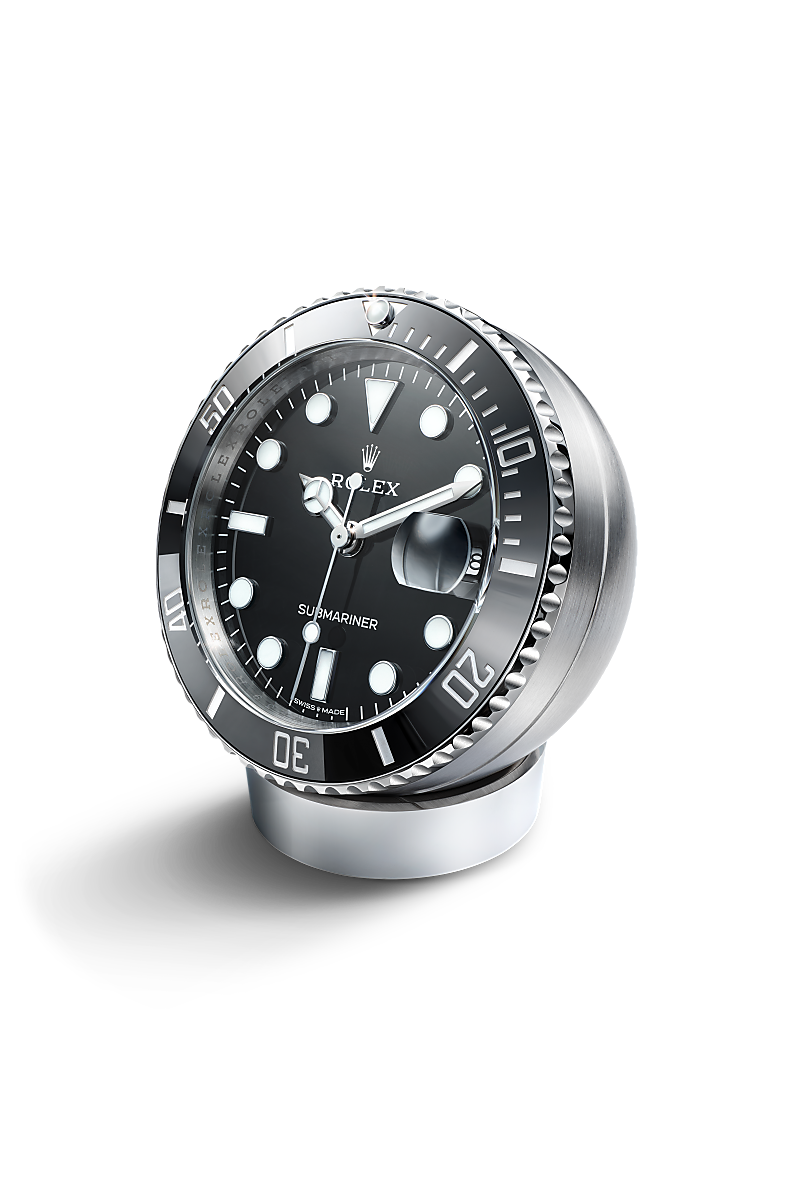The Submariner desk clock in stainless steel, with a Cerachrom bezel ...