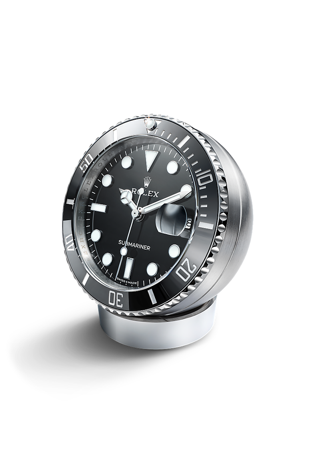 The Submariner desk clock in stainless steel, with a Cerachrom bezel ...